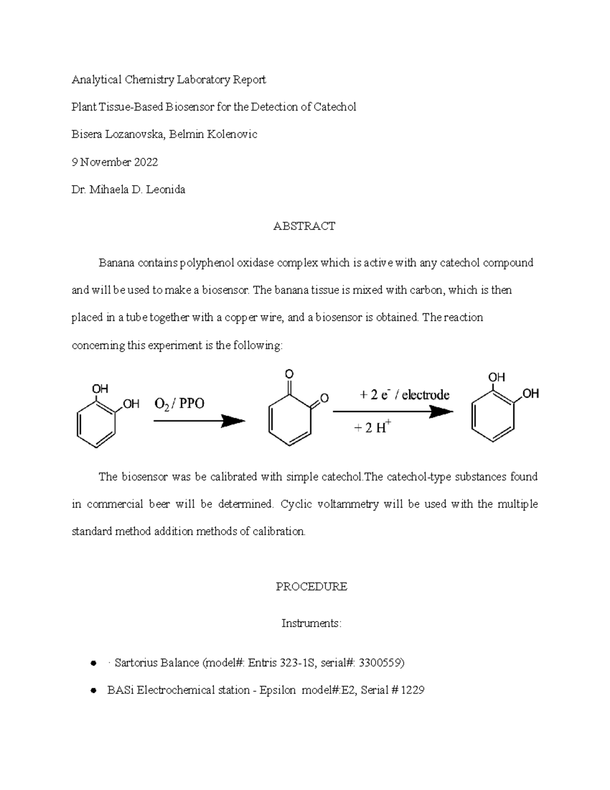 Bananatrode - lab report - Analytical Chemistry Laboratory Report Plant Tissue-Based Biosensor ...
