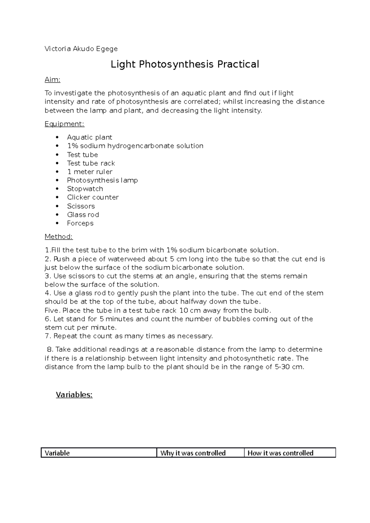 Light Photosynthesis Practical - Victoria Akudo Egege Light ...