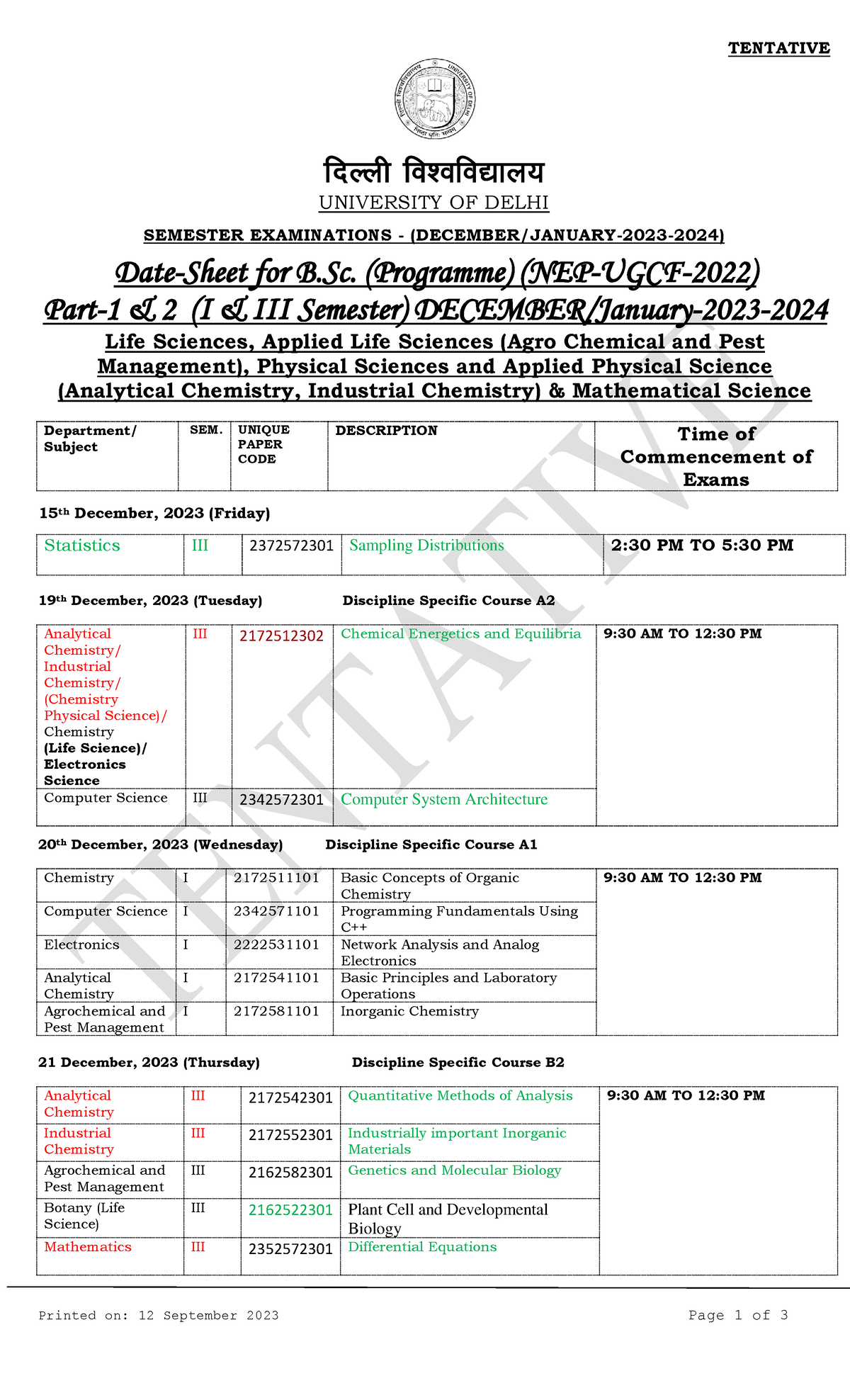 2023 09 12 BSC(P) 23 Sem - Summary BSc. life sciences - Printed on: 12 September 2023 Page 1 of ...