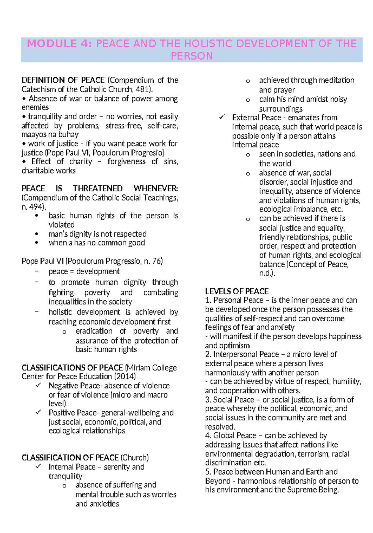 Module 4 Notes - MODULE 4: PEACE AND THE HOLISTIC DEVELOPMENT OF THE ...