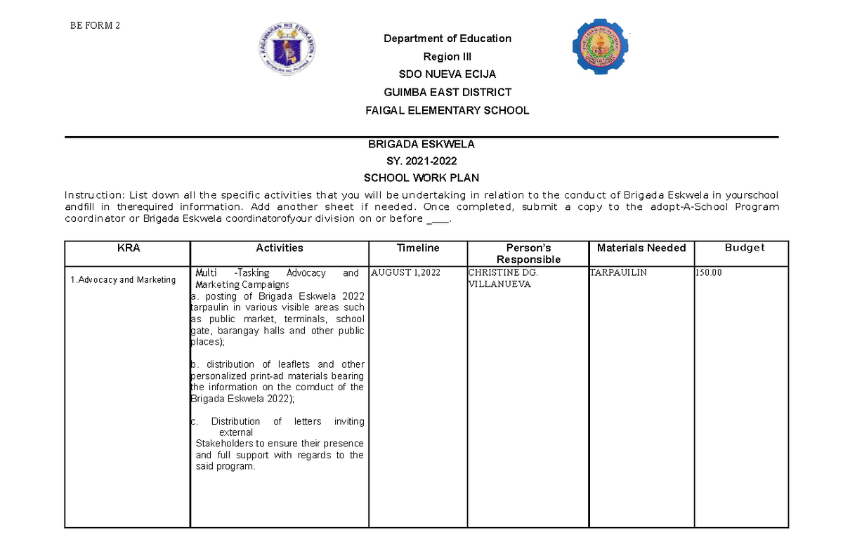 BS-Form 2 - School Work Plan - BE FORM 2 Department of Education Region ...