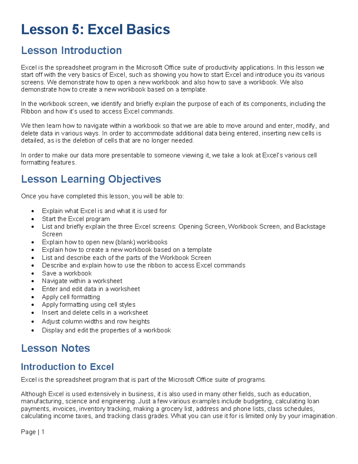 Lesson 5 - Lecture notes 5 - Lesson 5 : Excel Basics Lesson ...