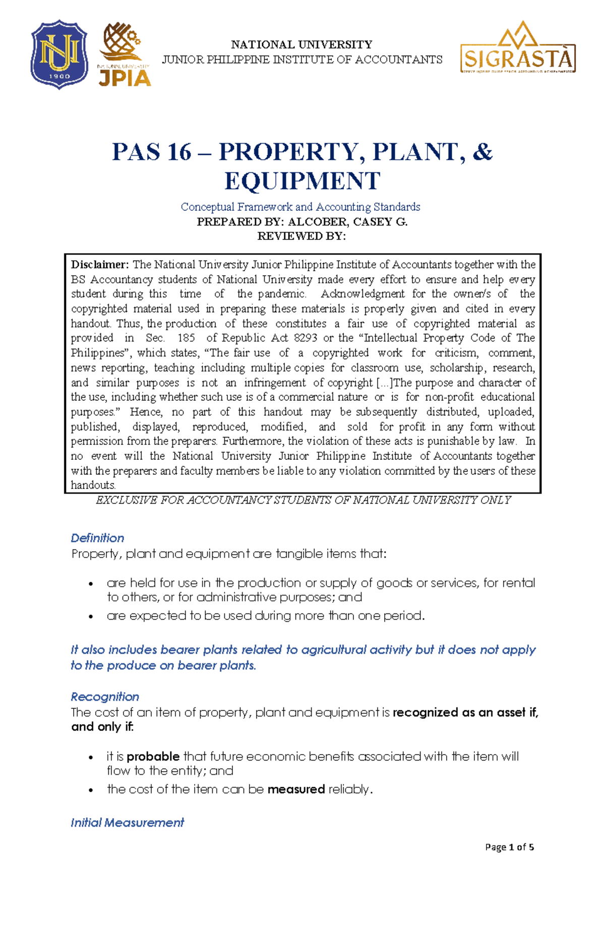 CFAS PAS16 PPE - About PPE - JUNIOR PHILIPPINE INSTITUTE OF ACCOUNTANTS ...