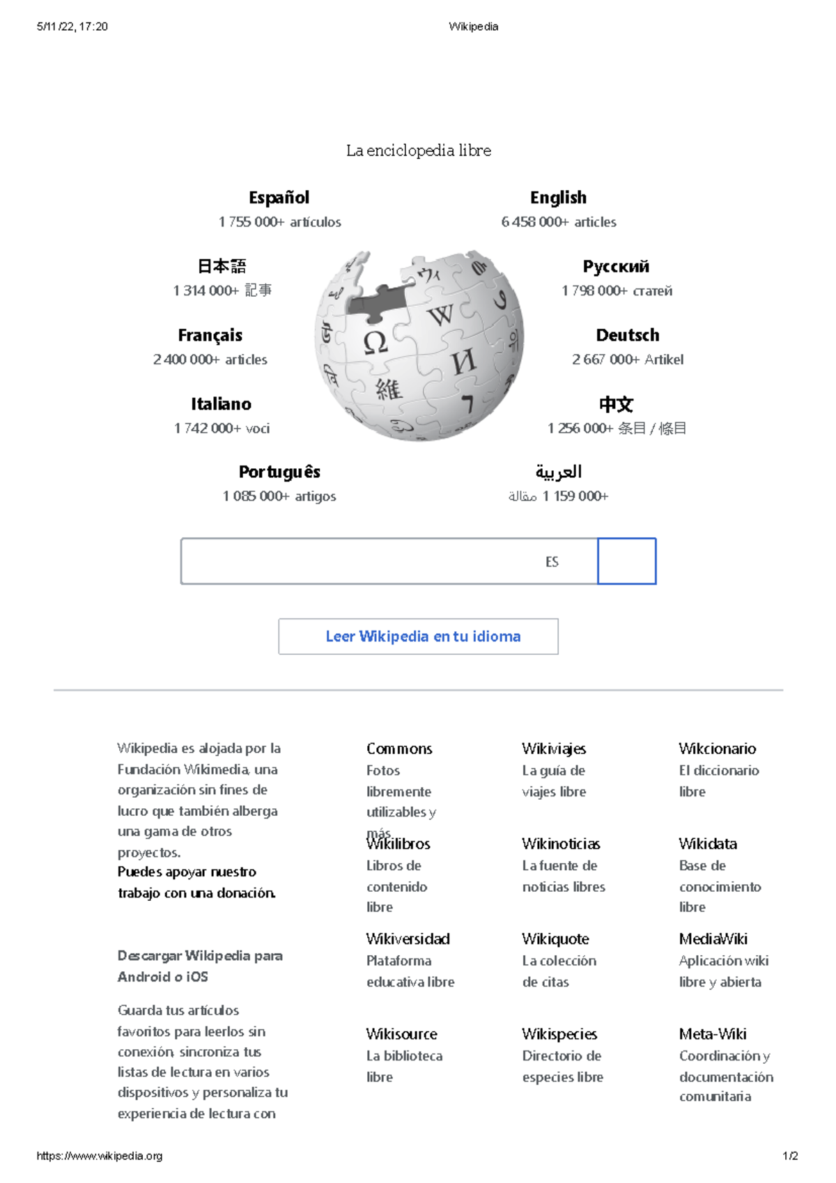Wikipedia - 5/11/22, 17:20 Wikipedia wikipedia 1/ La enciclopedia libre ...