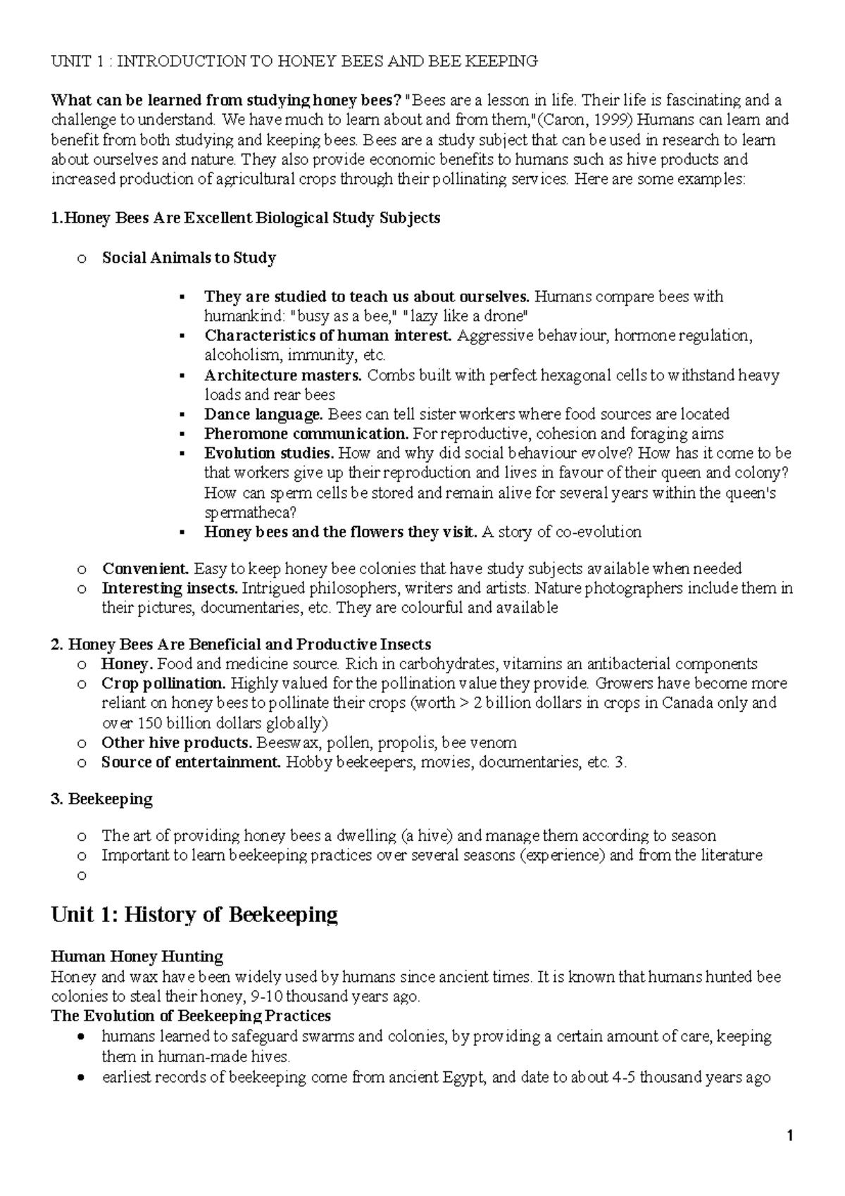 Unit 1-4 Summary - ####### UNIT 1 : INTRODUCTION TO HONEY BEES AND BEE ...