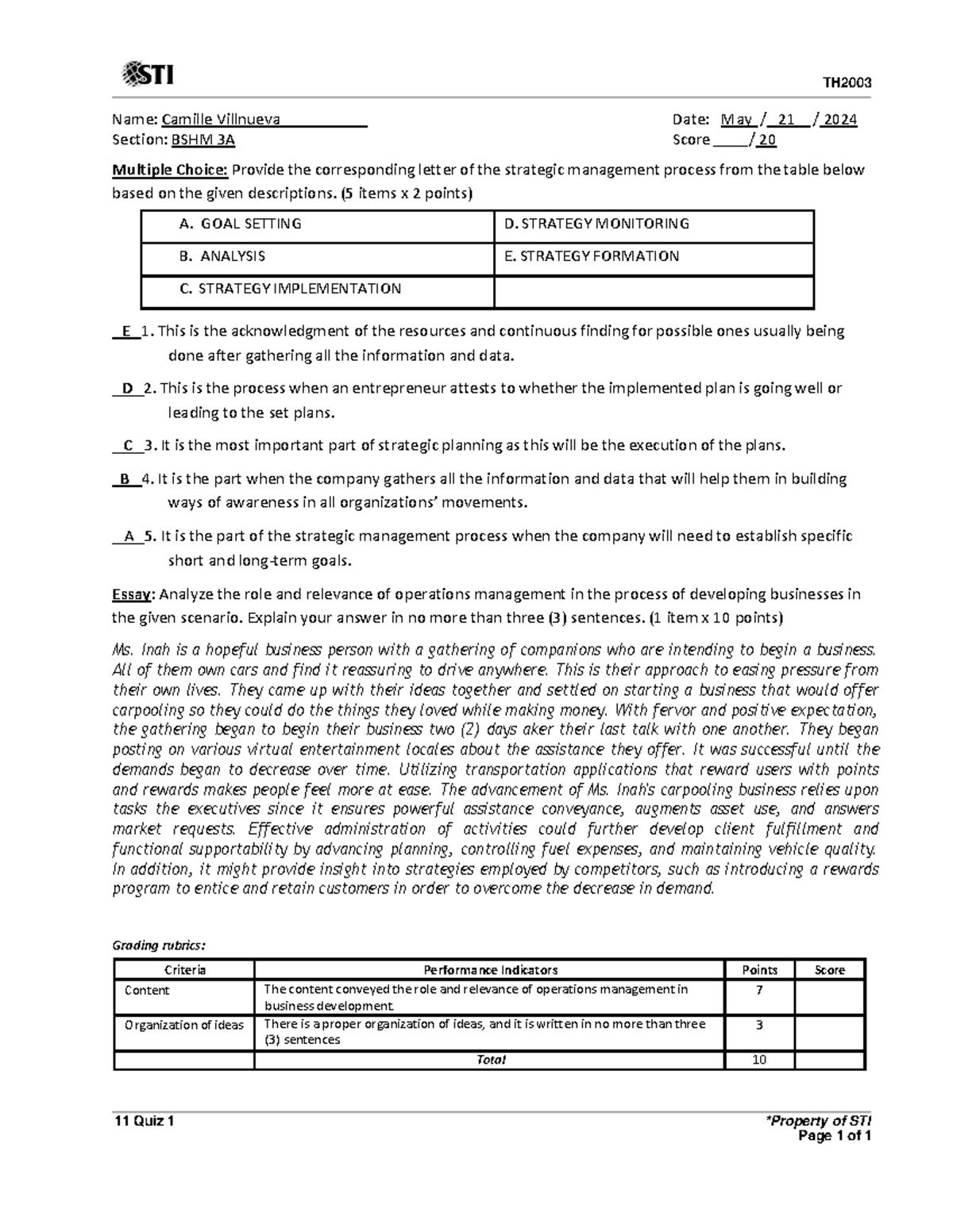Villanueva Entrep-11 Quiz 12 - TH Name: Camille Villnueva Date: May ...