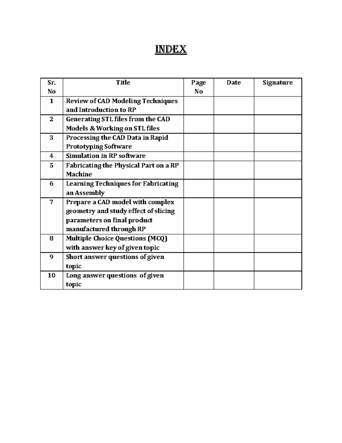 Index for RPT - INDEX Sr. No Title Page No Date Signature 1 Review of ...