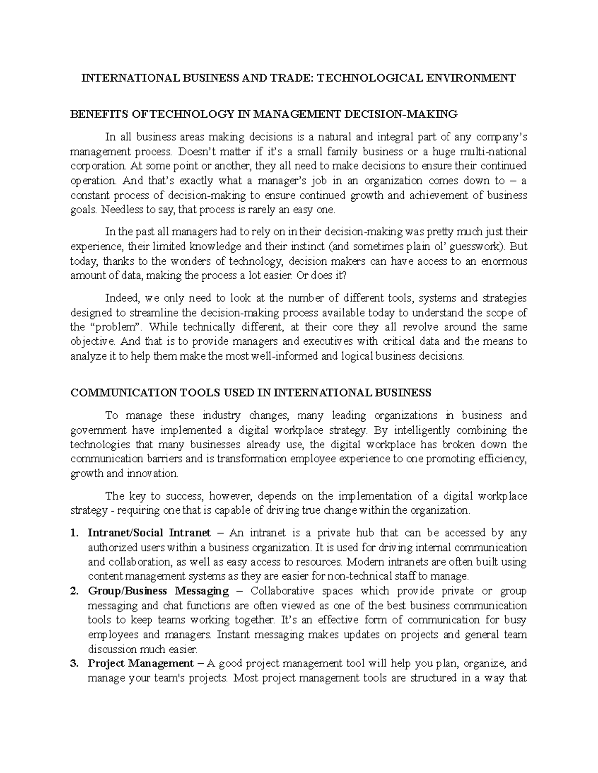 IBT Lesson 3: Technological Environment - INTERNATIONAL BUSINESS AND ...