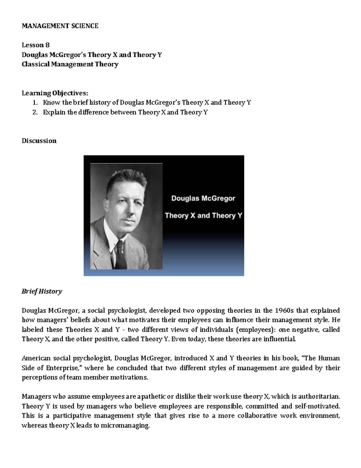 8Mc Gregor - MANAGEMENT SCIENCE **Lesson 8 Douglas McGregor's Theory X ...