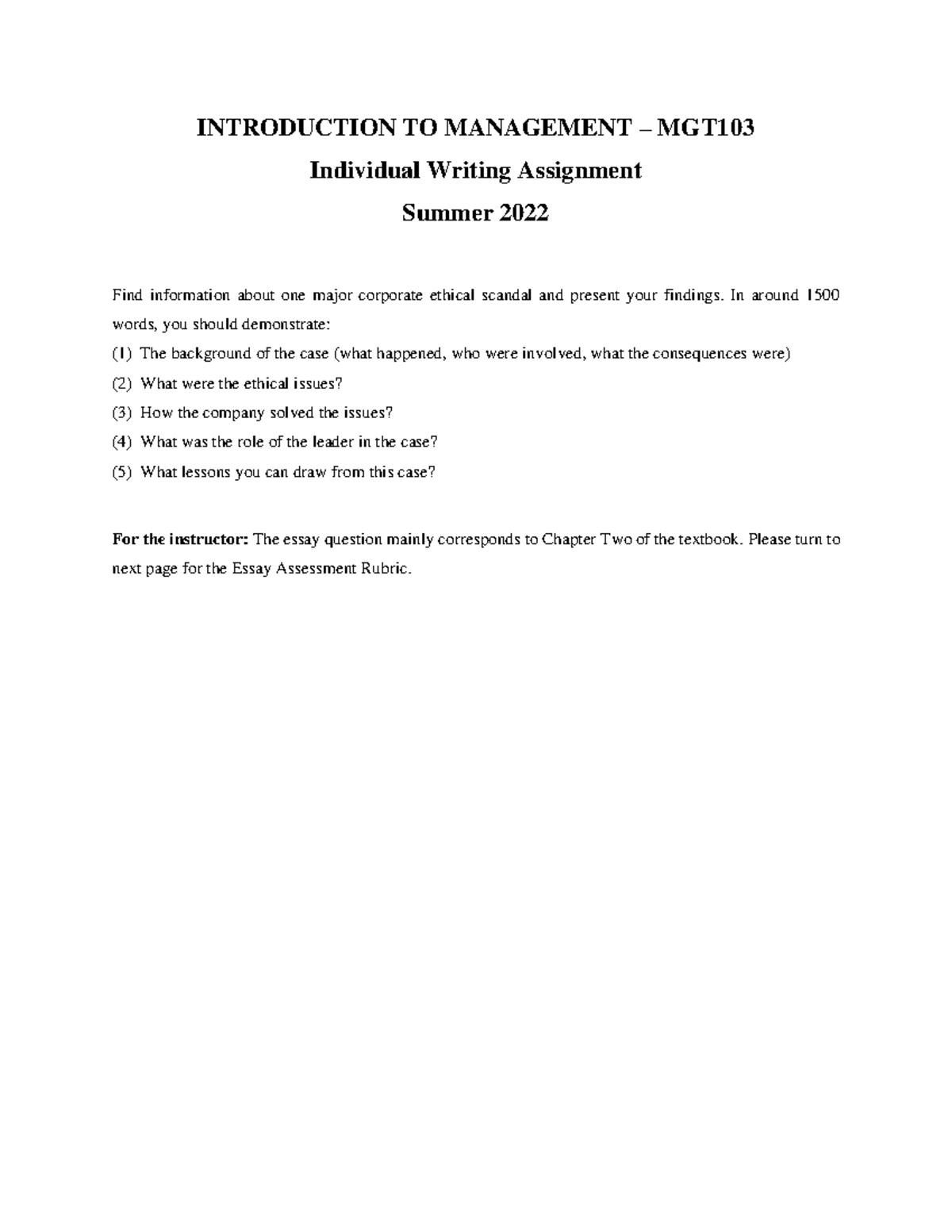 Individual Assignment MGT103 - INTRODUCTION TO MANAGEMENT – MGT Individual Writing Assignment ...