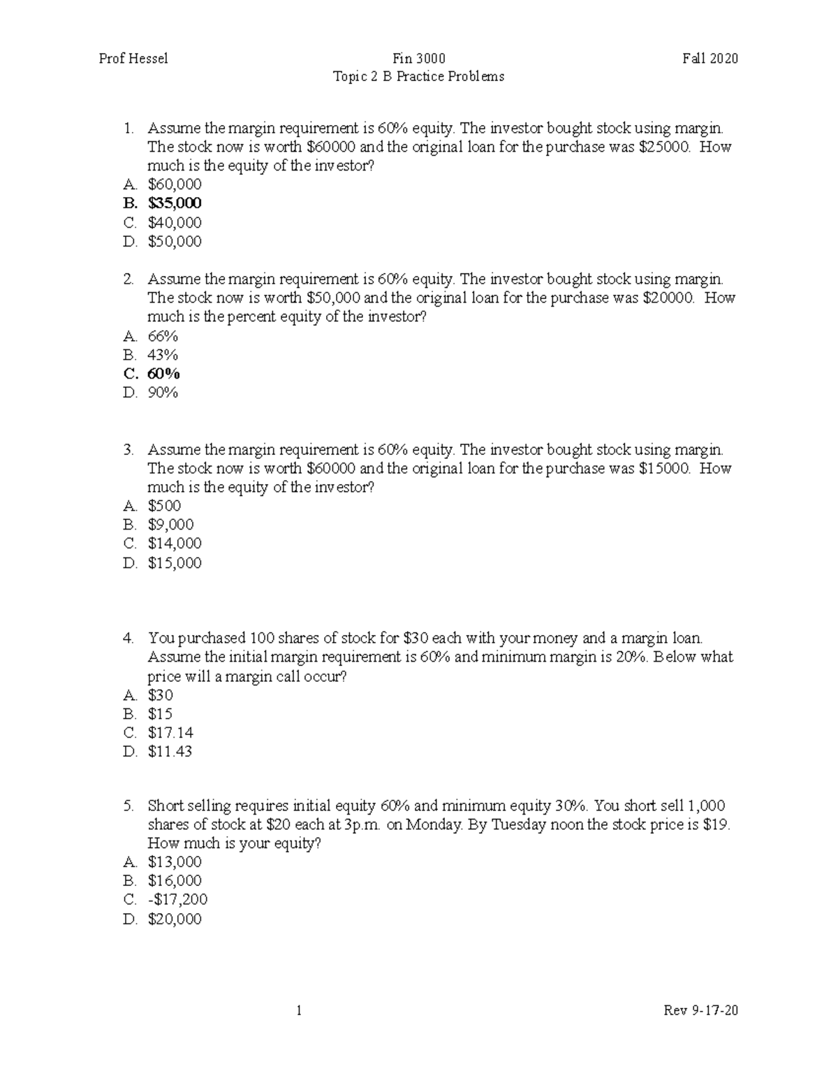 FIN 3000 practice problems topic 2B - Prof Hessel Fin 3000 Fall 2020 ...