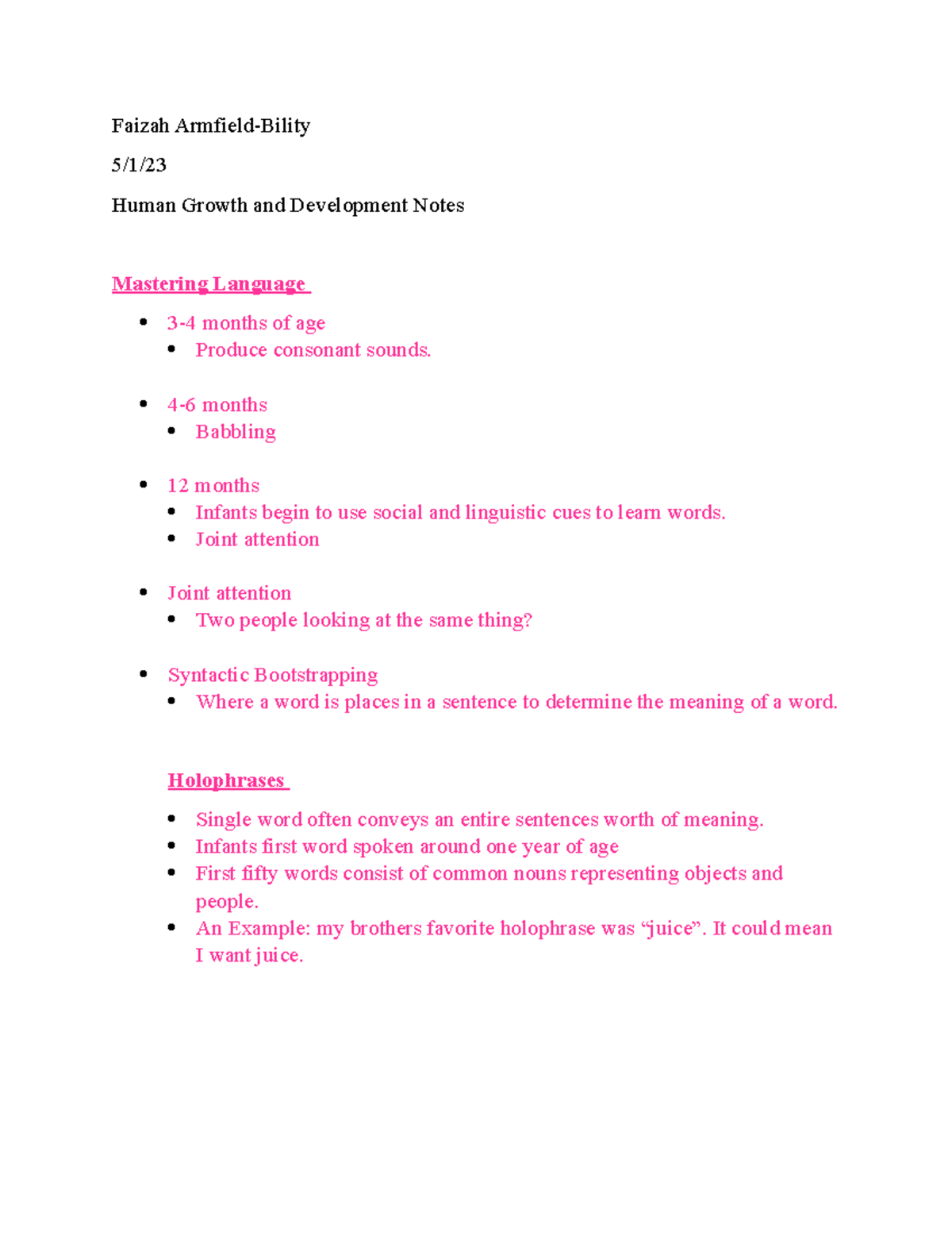 Human Development notes - Faizah Armfield-Bility 5/1/ Human Growth and ...