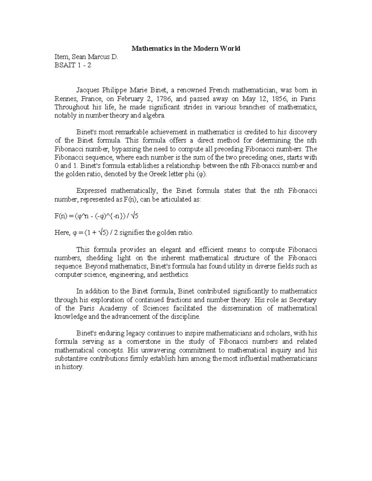 Mathematics in the Modern World - BSAIT 1 - 2 Jacques Philippe Marie ...