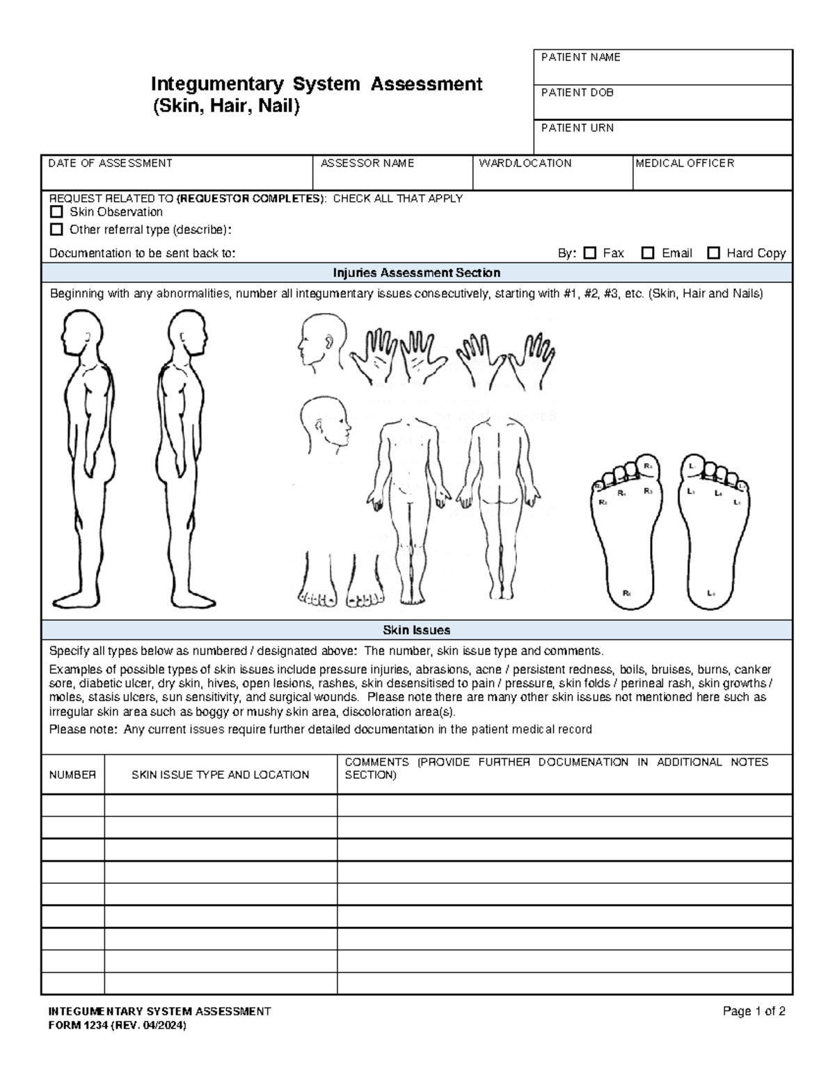 M8 Integumentary Assessment Form - INTEGUMENTARY SYSTEM ASSESSMENT Page ...