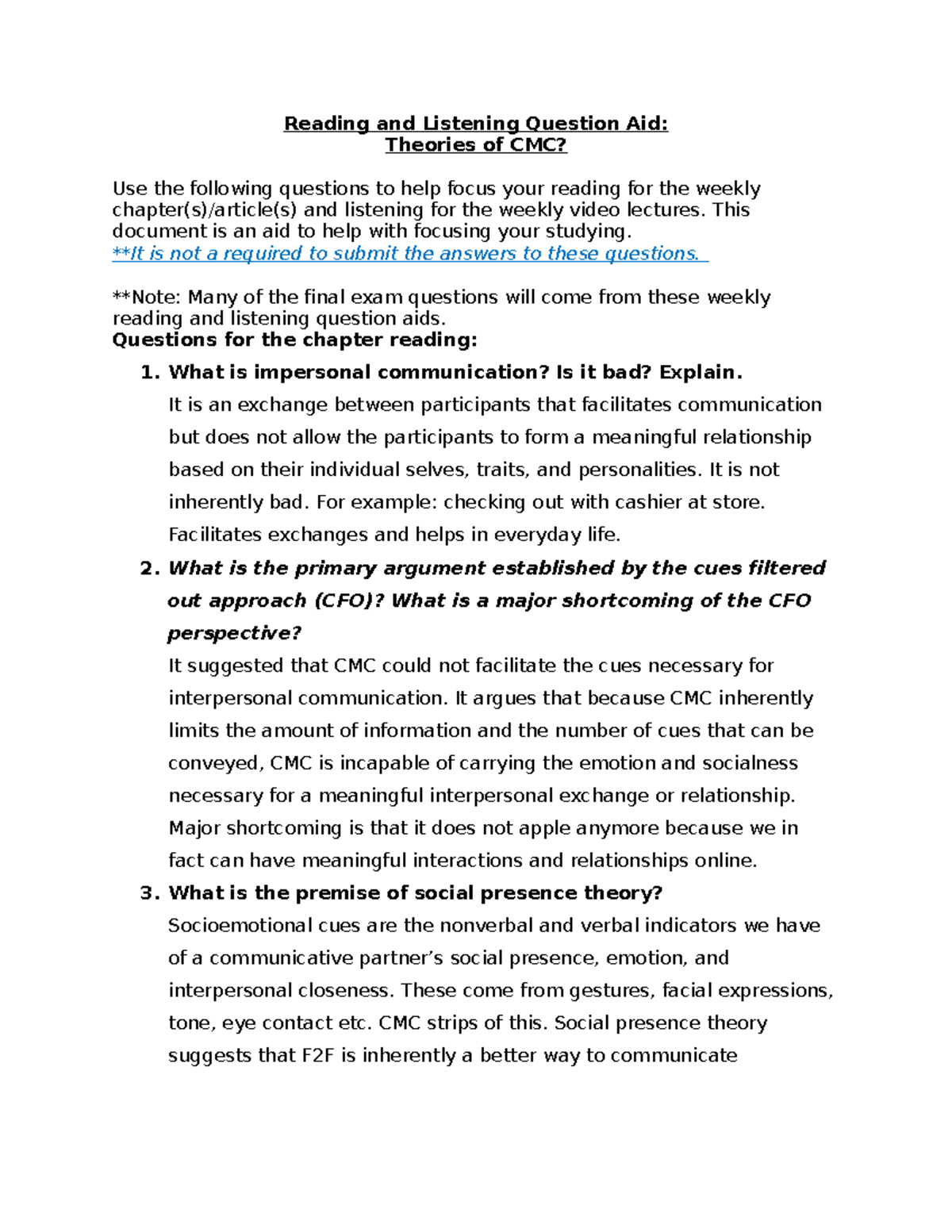 Ch2 reading guide - Reading and Listening Question Aid: Theories of CMC ...