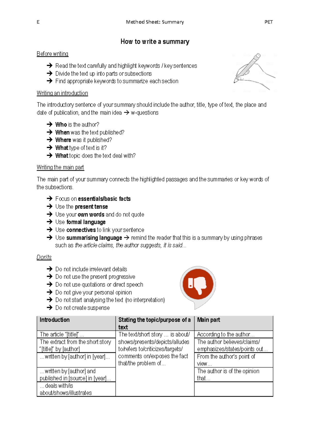 How to write a summary - jikolkn - E Method Sheet: Summary PET How to ...