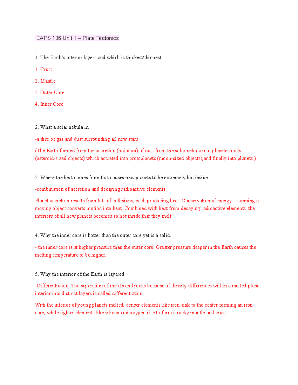 EAPS 106 Unit 1 study guide - EAPS 106 Unit 1 – Plate Tectonics The ...