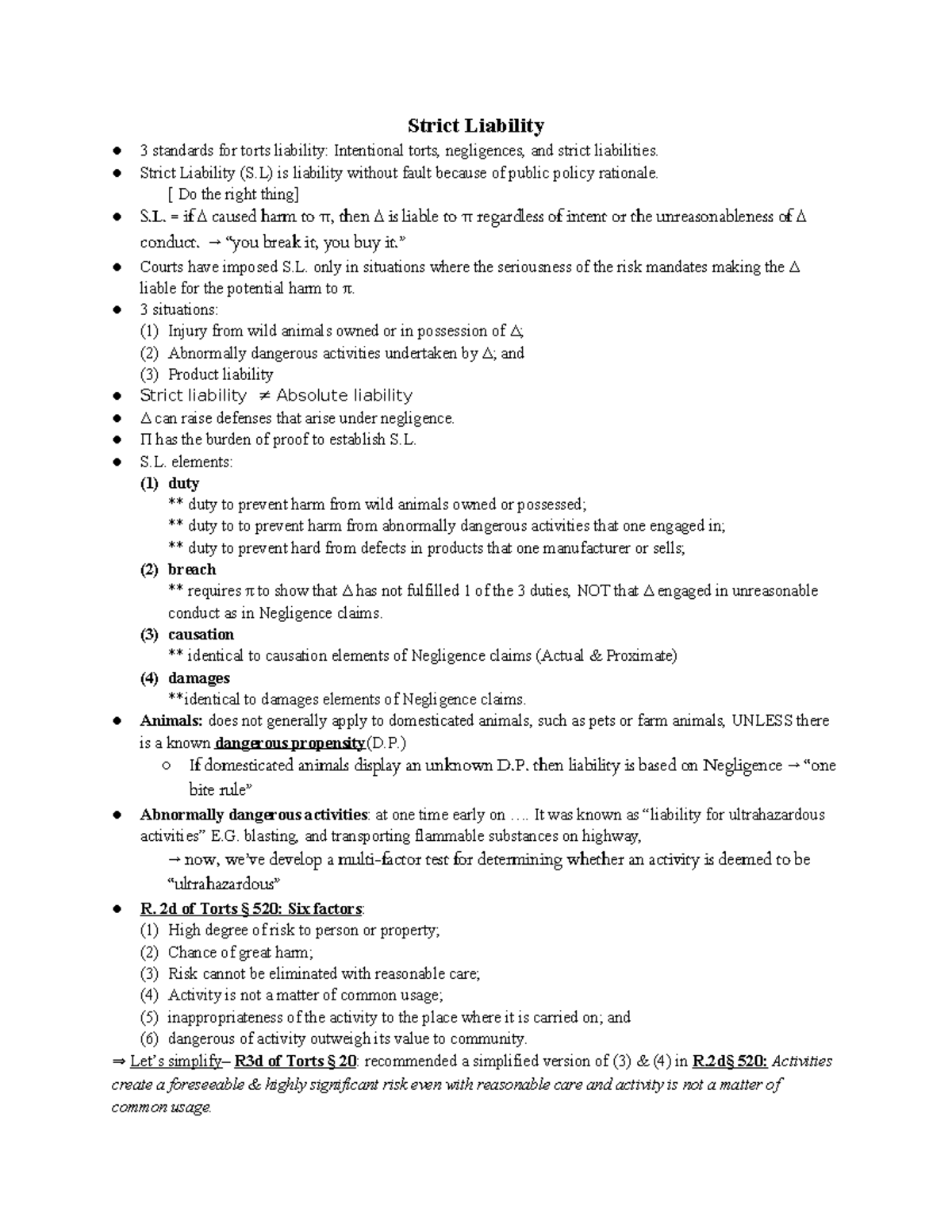 Strict Liability - Strict Liability 3 standards for torts liability ...