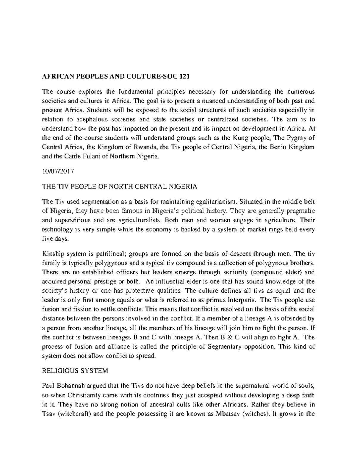 African people's & culture - AFRICAN PEOPLES AND CULTURE-SOC 121 The ...