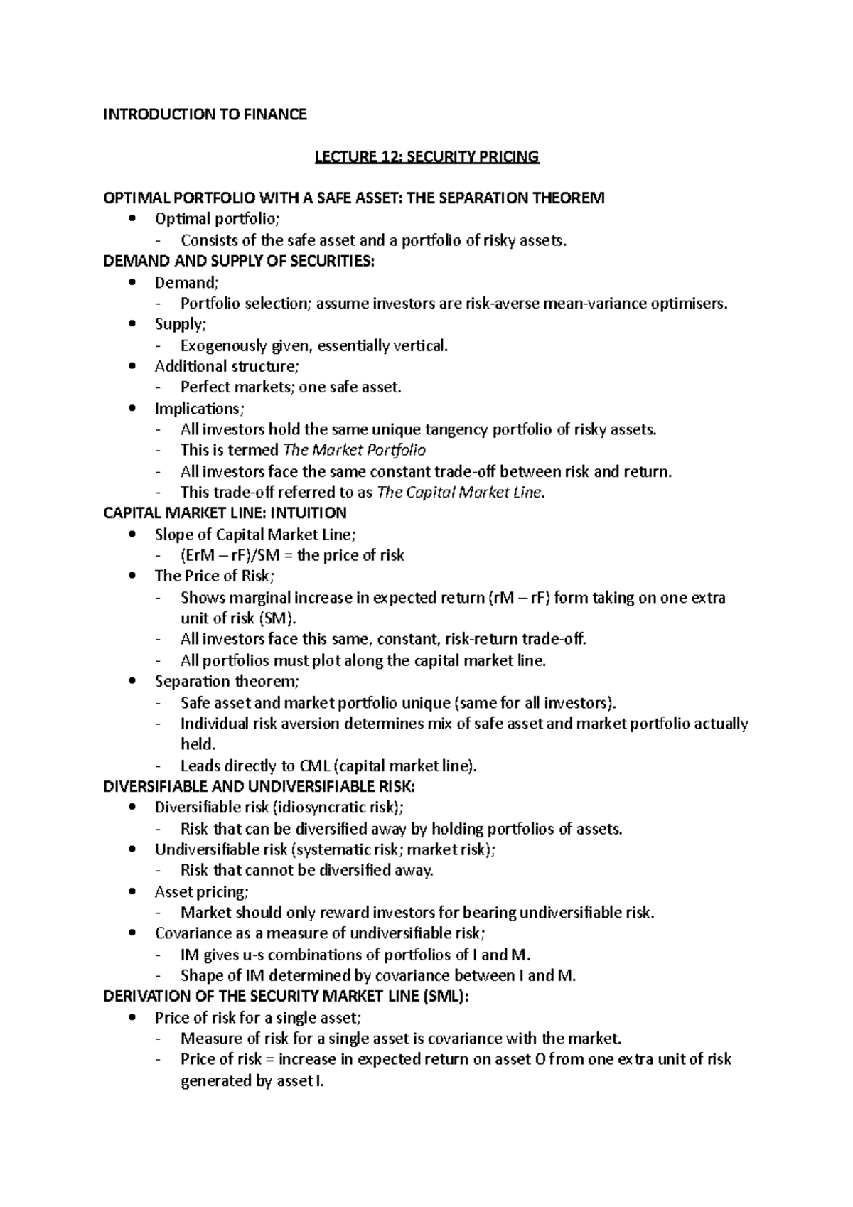 Lecture 12 - Tutor: V M Q Castro - INTRODUCTION TO FINANCE LECTURE 12 ...