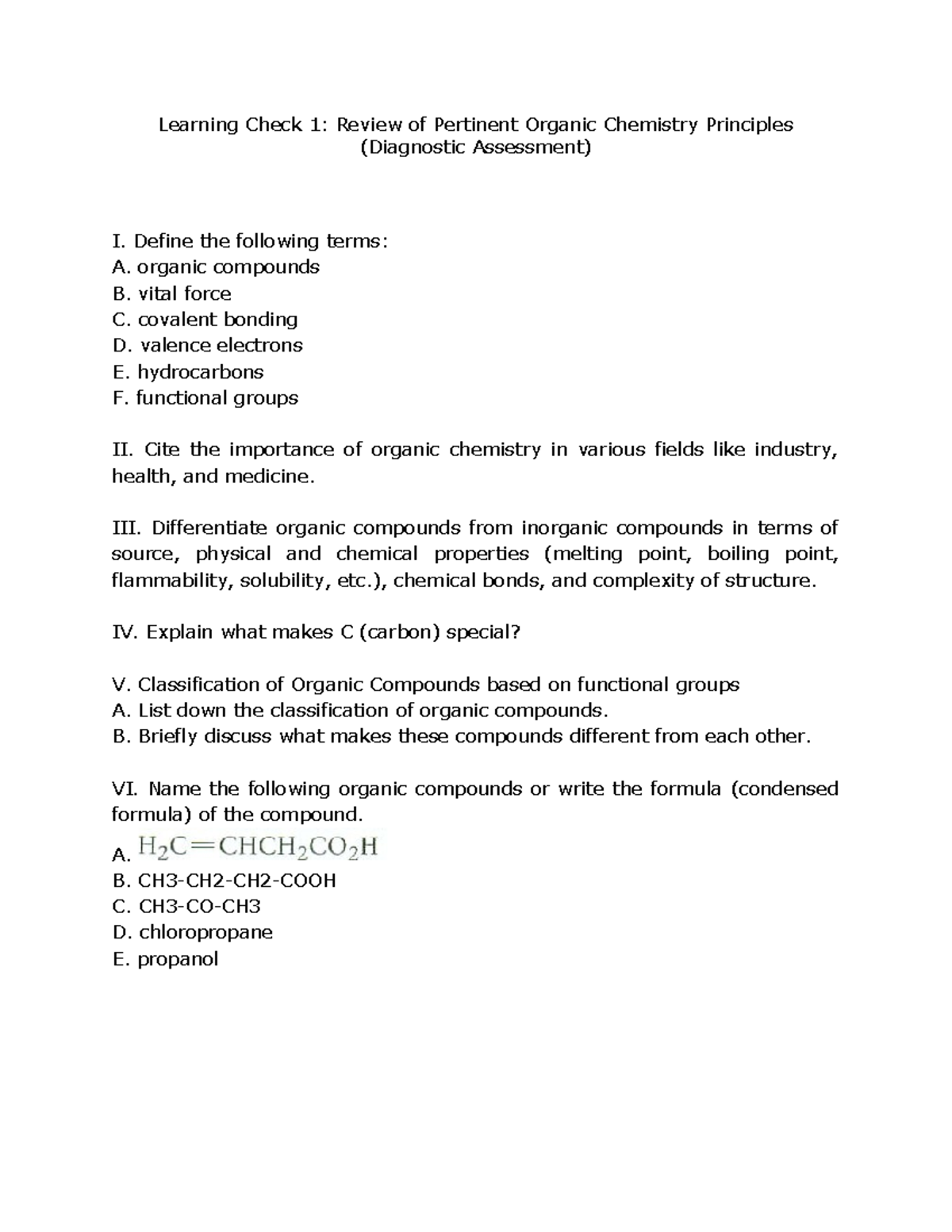 biochem worksheet - Learning Check 1: Review of Pertinent Organic ...