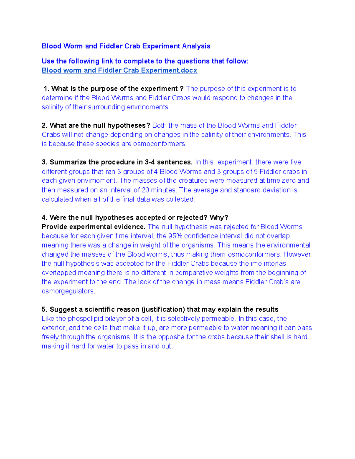 Blood worm and Fiddler Crab Experiment - What is the purpose of the ...