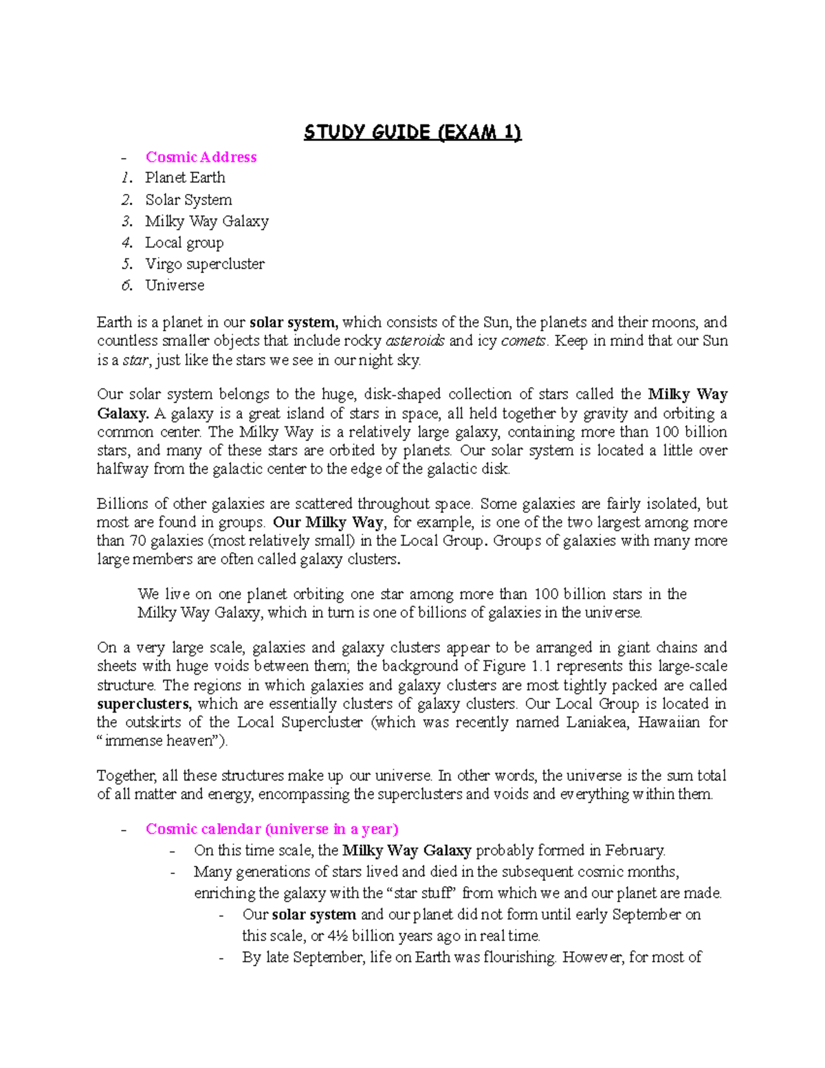 SG EXAM 1 - Notes for EXAM 1 - STUDY GUIDE (EXAM 1) - Cosmic Address 1 ...