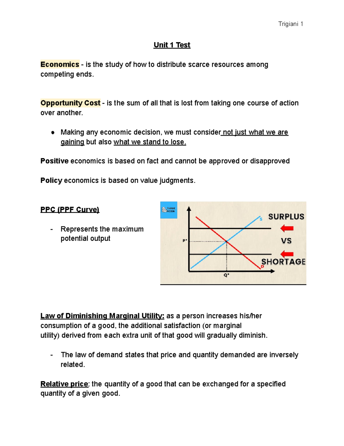 Unit 1 test Economics - Trigiani 1 Unit 1 Test Economics - is the study ...