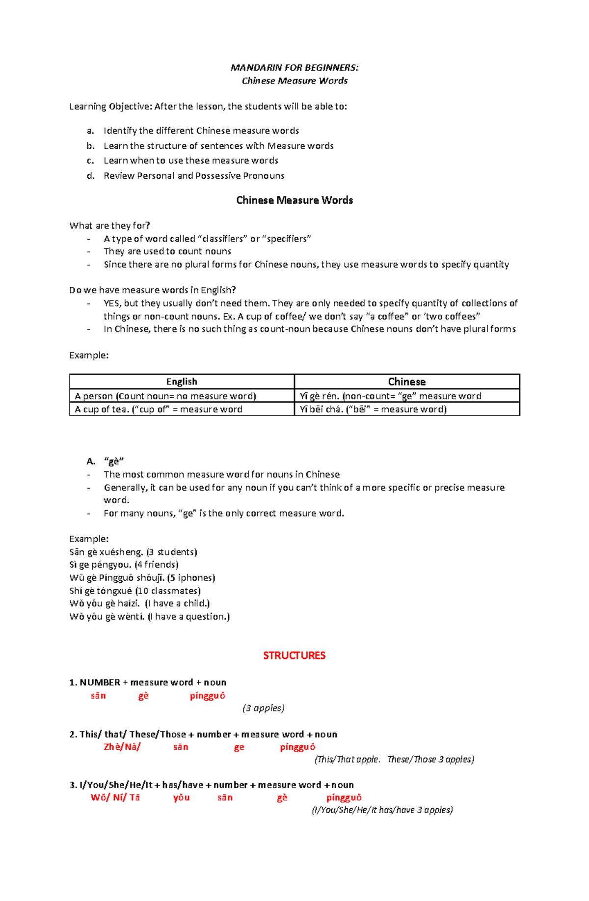 Lesson 7 Measure Words - Mandarin Lecture Notes on Numerals - Chinese ...