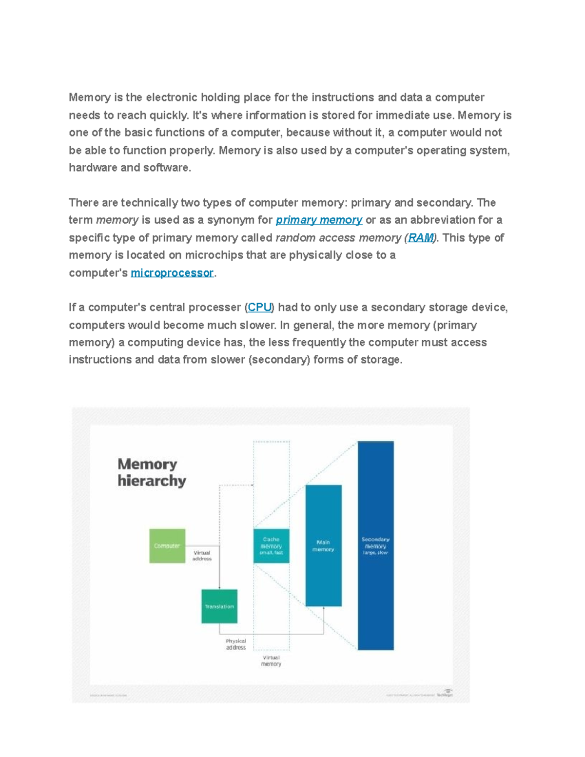 Memory - It's where information is stored for immediate use. Memory is ...