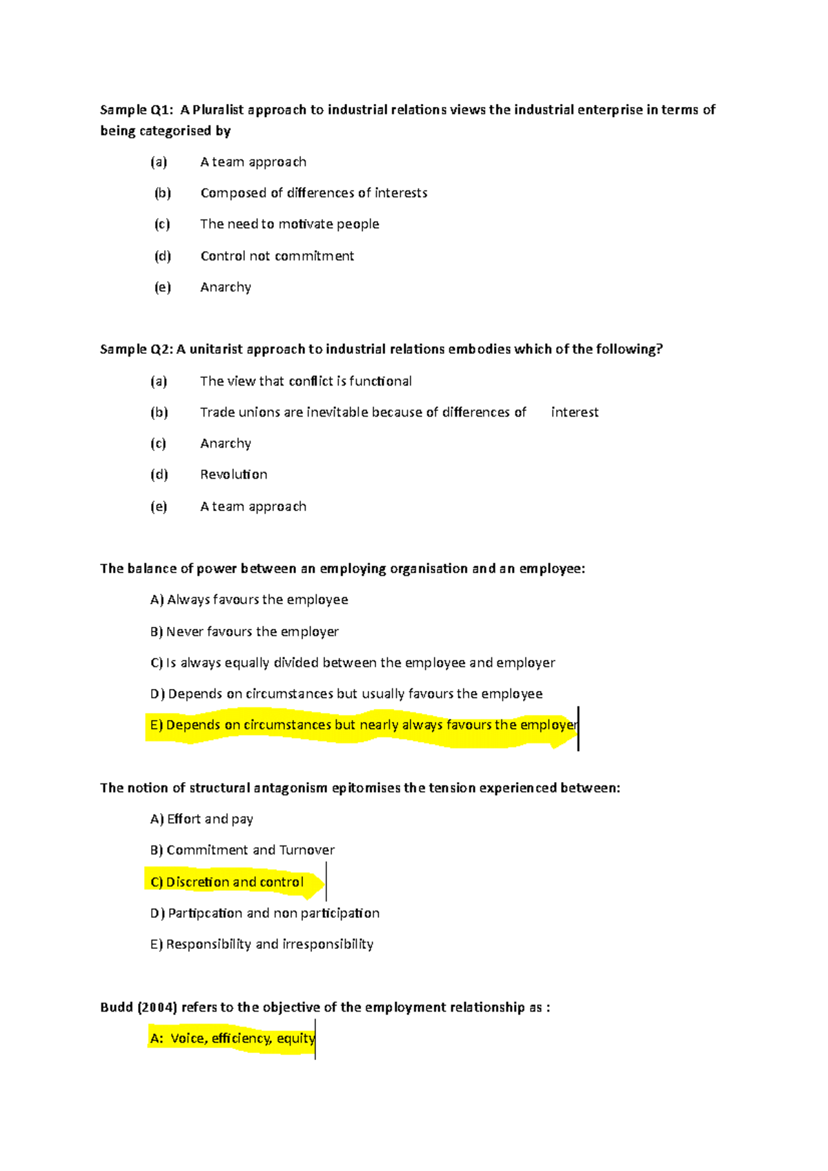 PM4064 TUT Sample MCQ - Sample Q1: A Pluralist approach to industrial ...