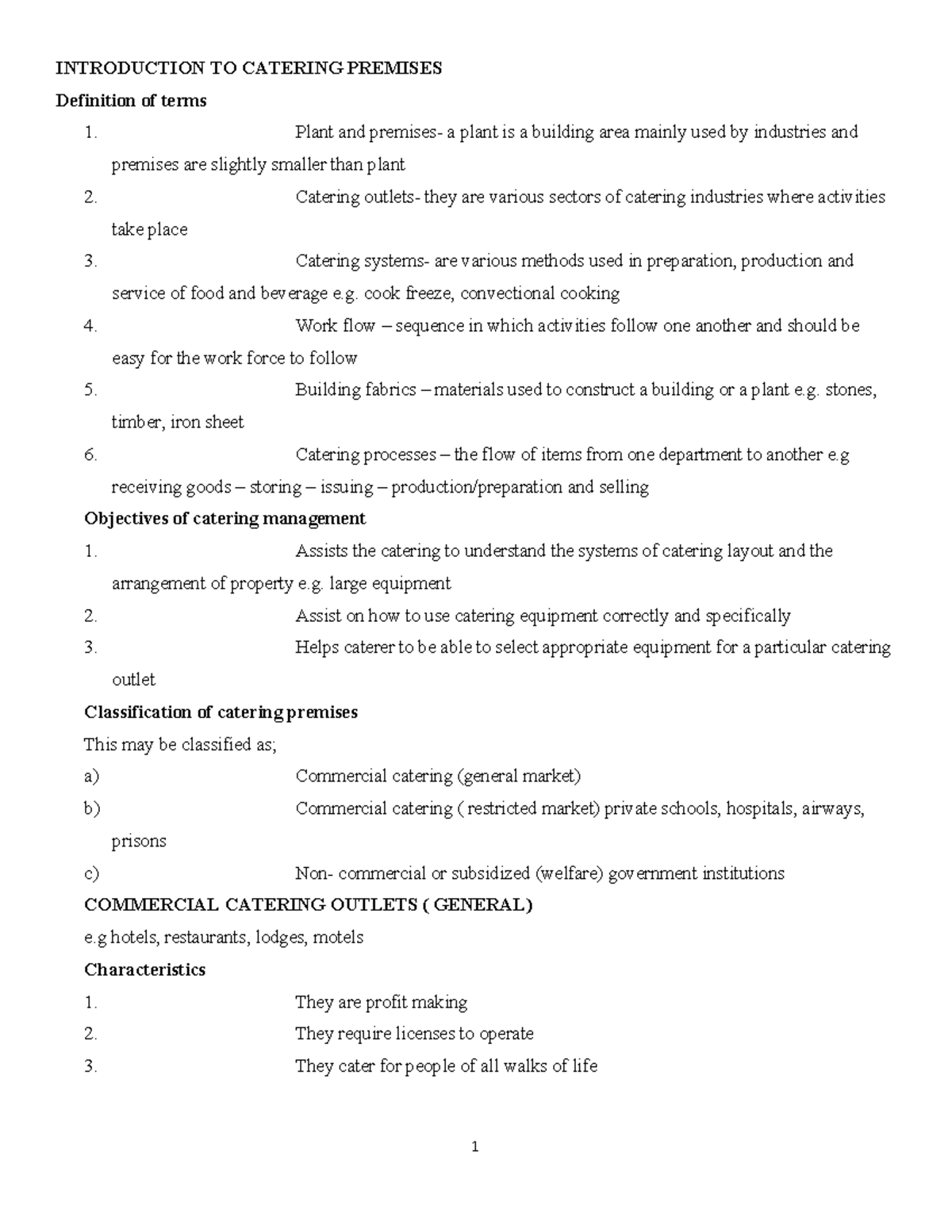 Catering Premises 2 - INTRODUCTION TO CATERING PREMISES Definition of ...