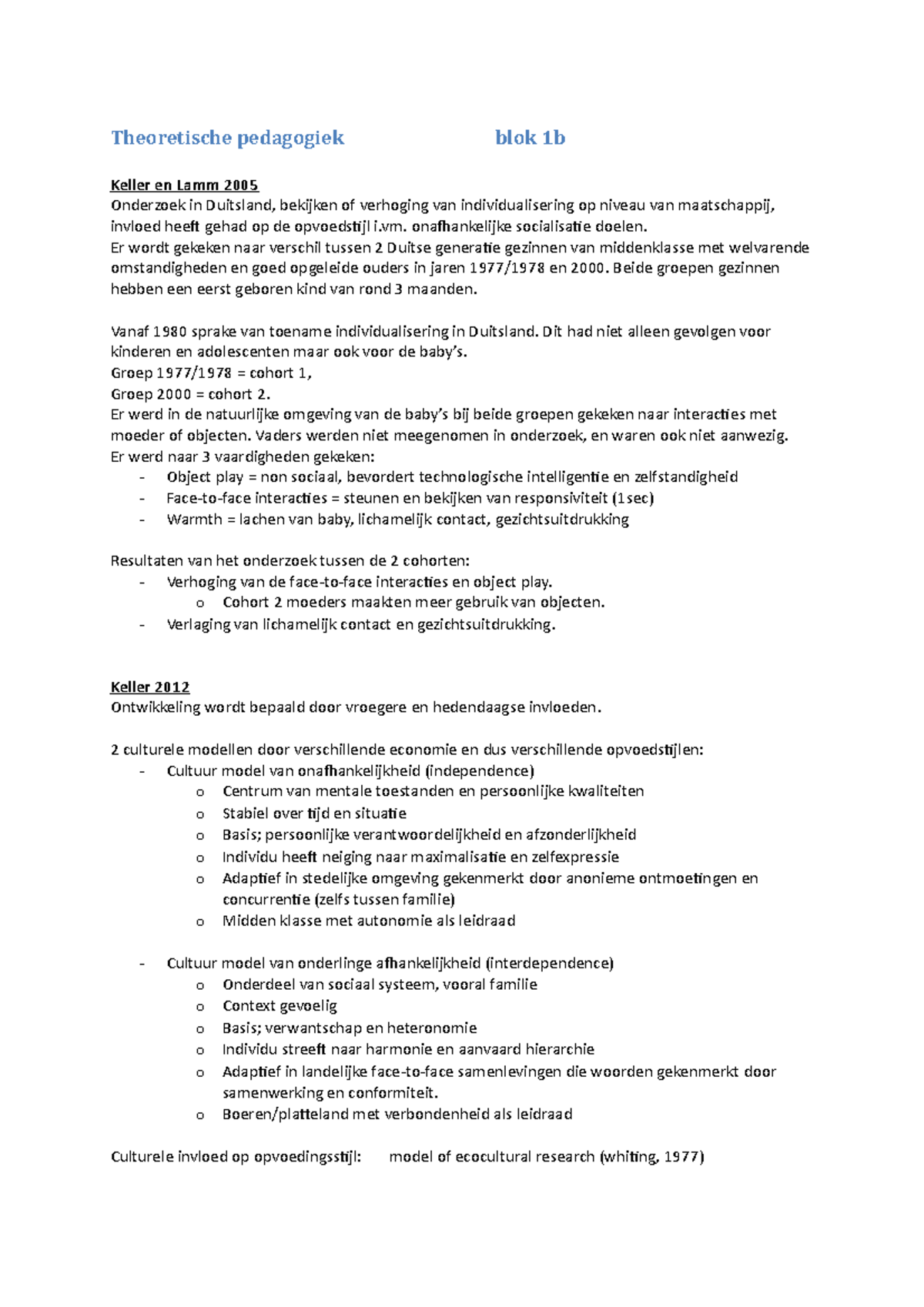Bestuderen literatuur - Theoretische pedagogiek blok 1b Keller en Lamm ...