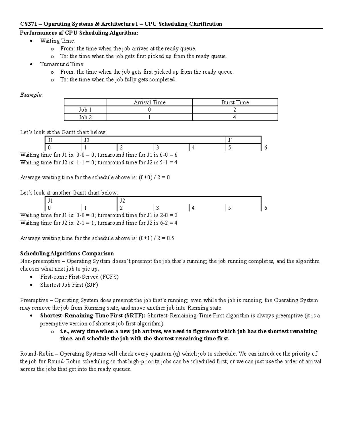 cpu scheduling practice and clarification - CS371 – Operating Systems & Architecture I – CPU ...