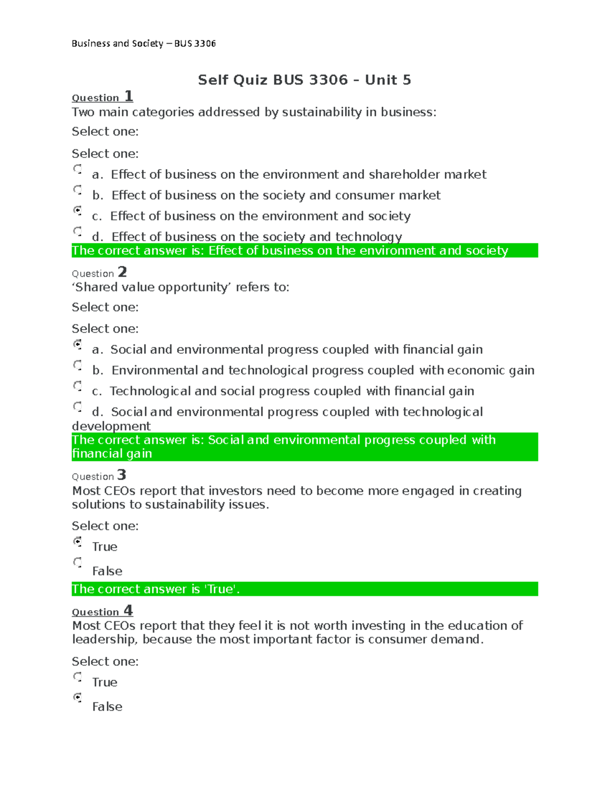 Self Quiz BUS 3306 - Unit 5 - Business and Society – BUS 3306 Self Quiz BUS 3306 – Unit 5 ...