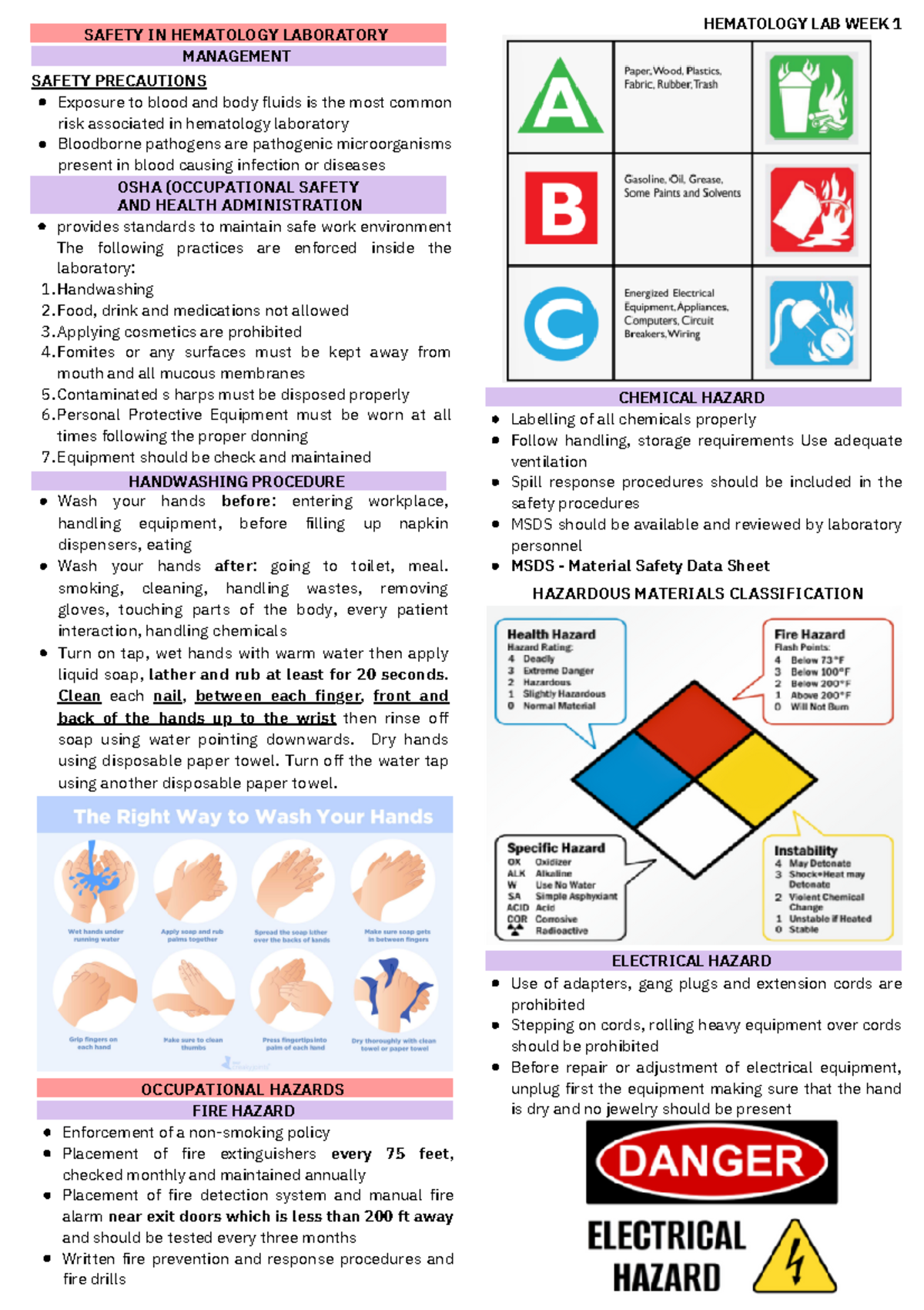 Hema lab week 1 to 4 - Notes - SAFETY IN HEMATOLOGY LABORATORY ...