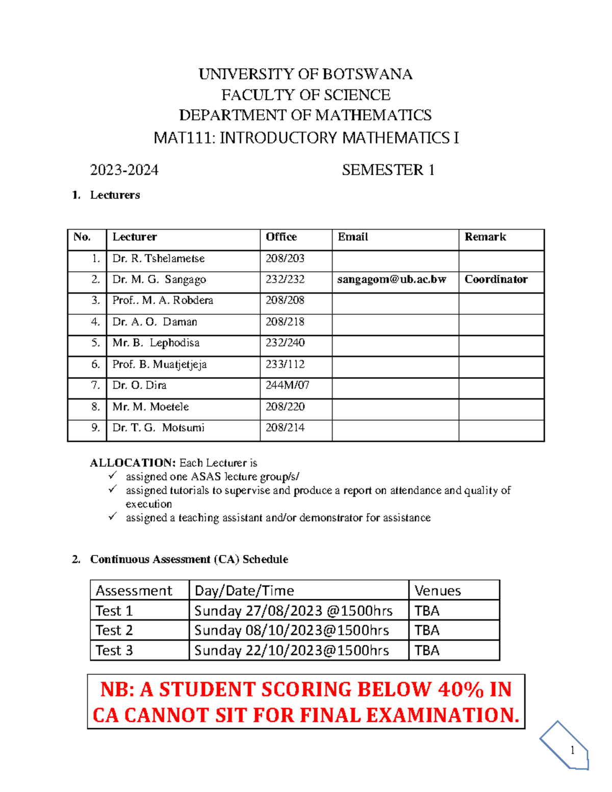 MAT111 Course Scheme (2023-2024 Sem 1) - UNIVERSITY OF BOTSWANA FACULTY ...