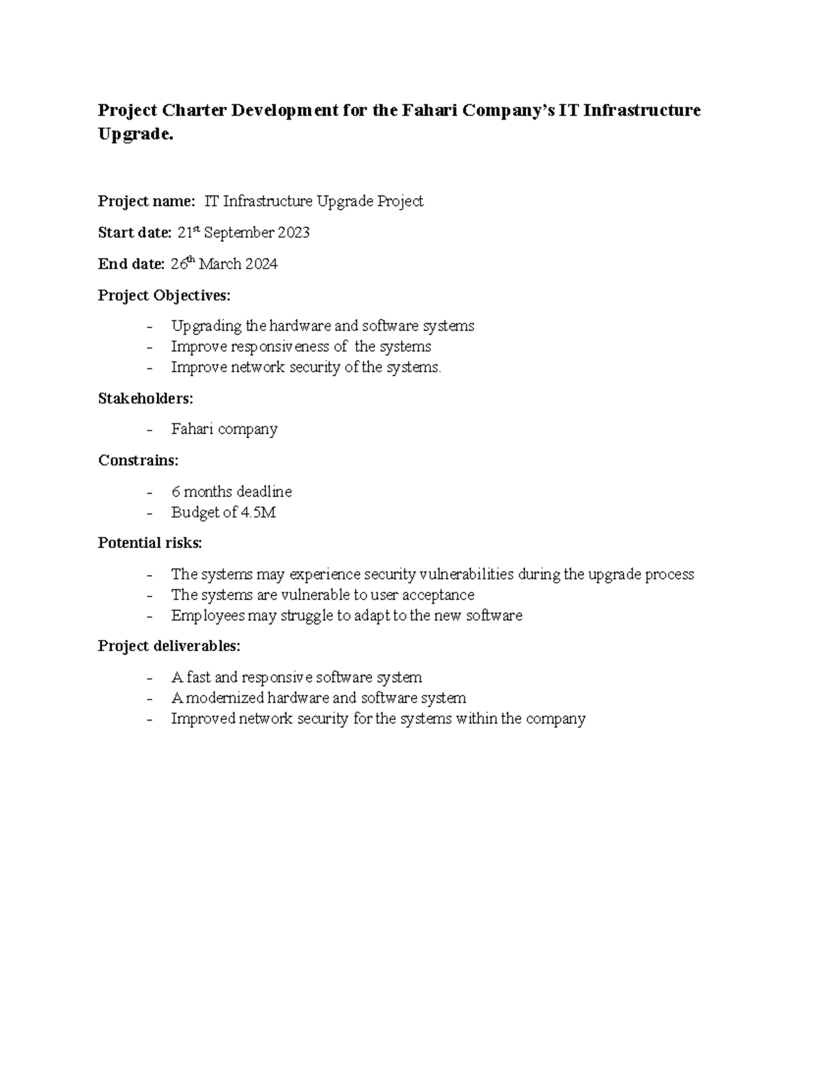 Project Charter Development for the Fahari Company - Project name: IT ...