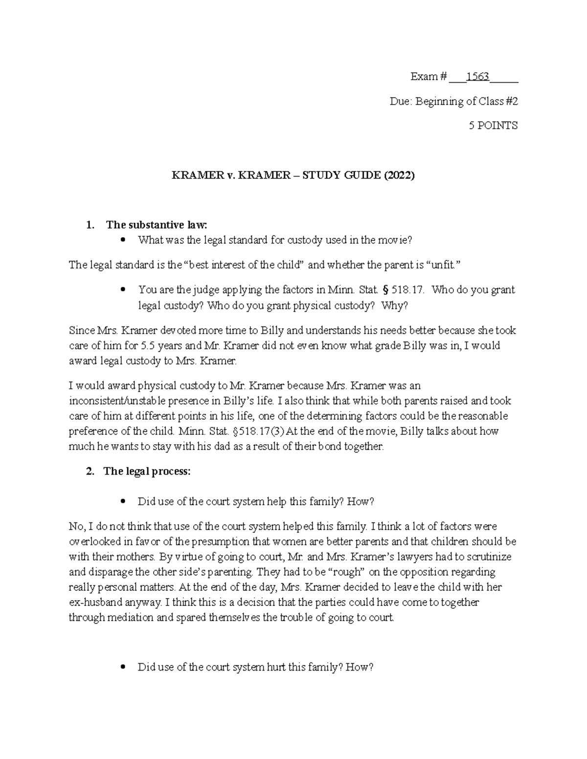 Kramer v. Kramer Study Guide 2022 - Exam # 1563__ Due: Beginning of ...