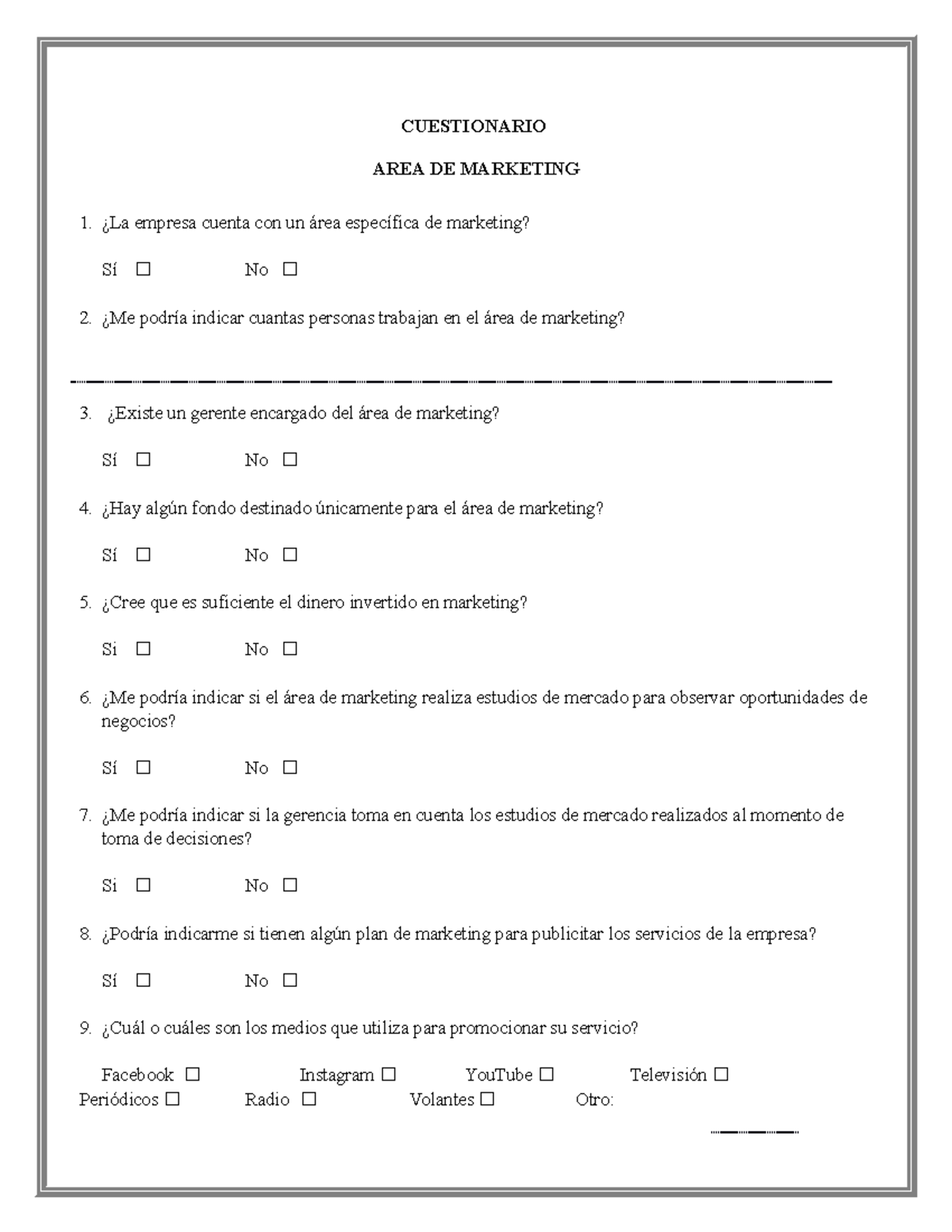 Modelo Cuestionario area de Marketing - CUESTIONARIO AREA DE MARKETING ...
