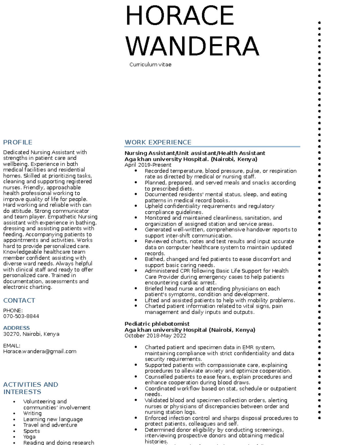 Horace wandera CV - - Studocu