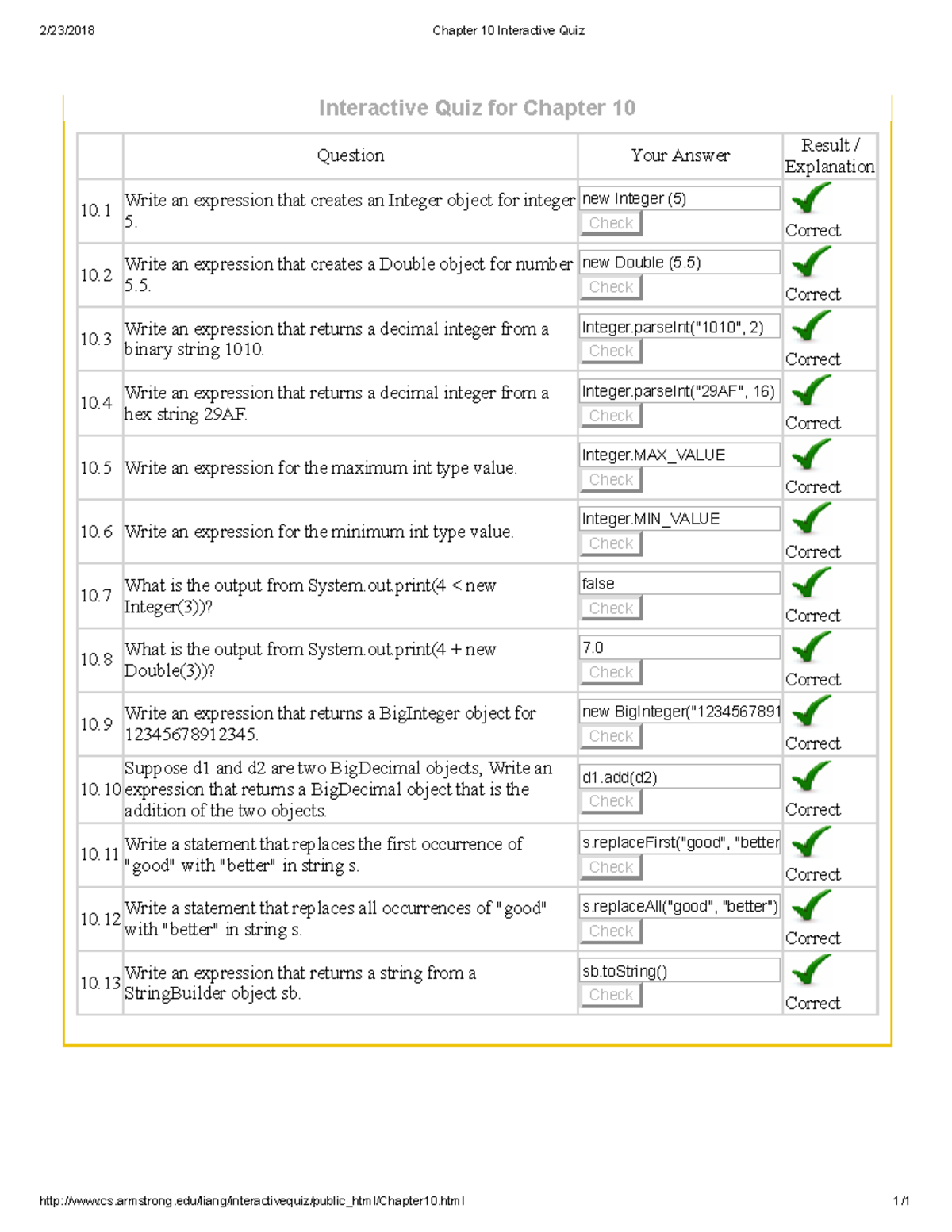 Solved Interactive Quiz (Thinking in Objects) - 2/23/2018 Chapter 10 ...