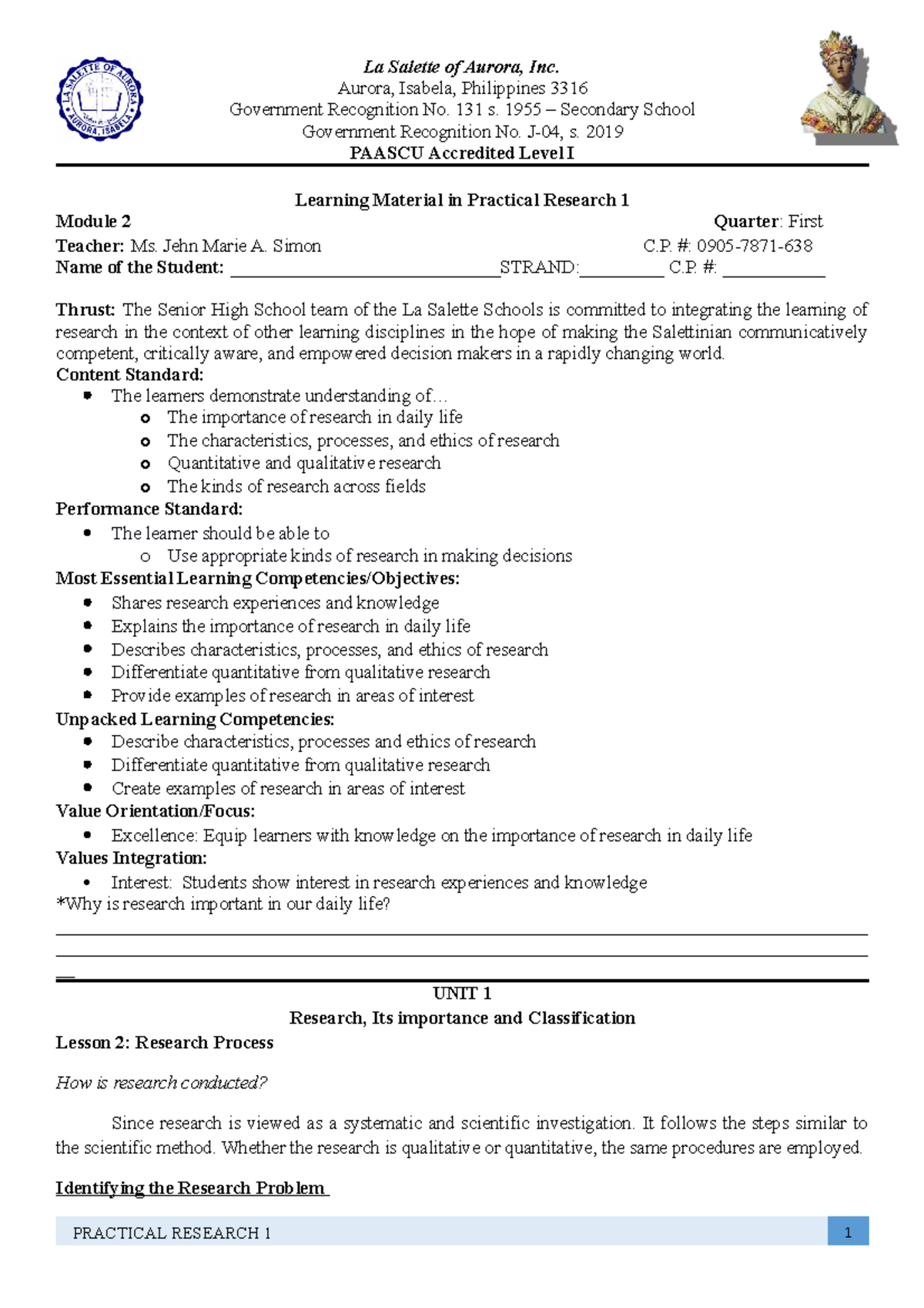 Practical Reseach 1- Q1- M2 - La Salette of Aurora, Inc. Aurora ...