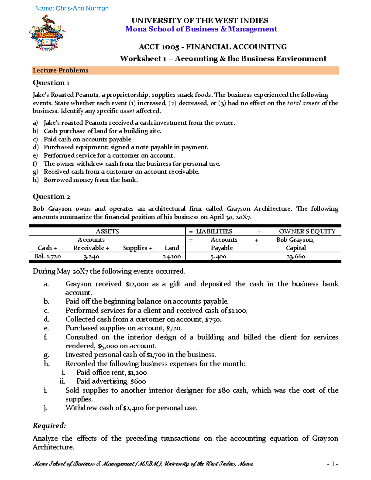 ACCT 1005 Work Sheet 1 - to help you - ACCT 1005 - FINANCIAL ACCOUNTING ...