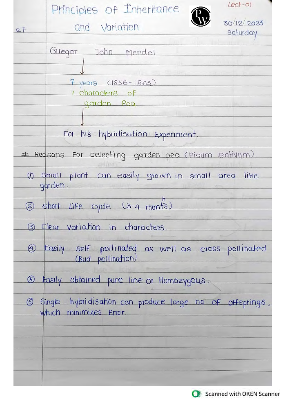 Principles of Inheritance and Variation Handwritten Notes Yakeen 2.0 ...