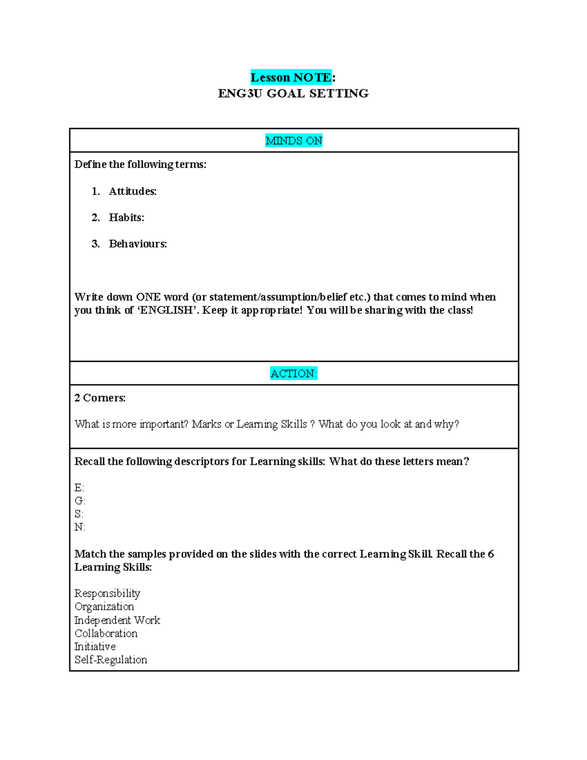 E3U Intro Lesson - Goal Setting Curriculum Learning Skills Note ...