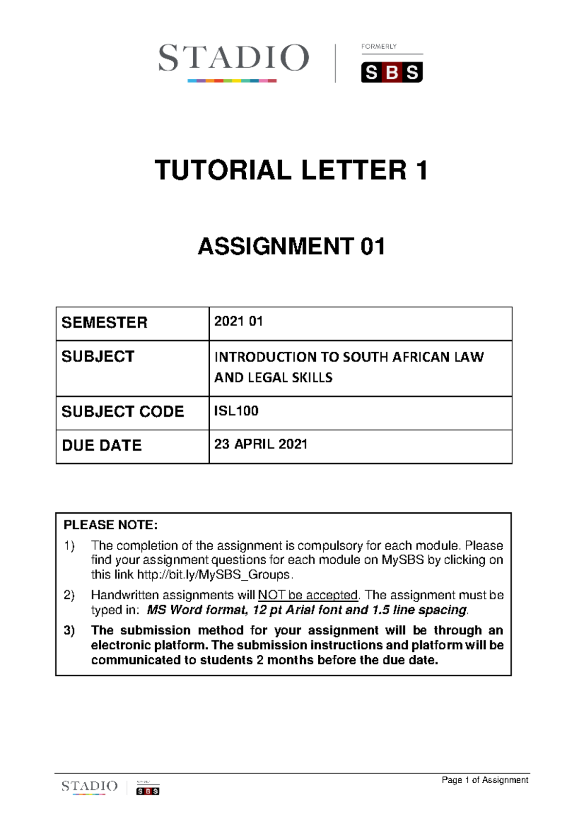 Isl100 Asmt 2021 01 Isl Assignment Page 1 Of Assignment Tutorial Letter 1 Assignment 01