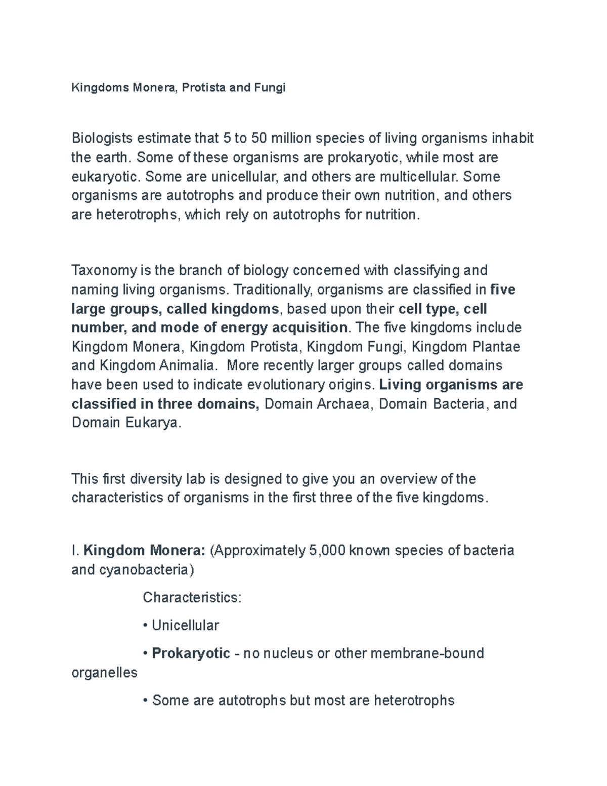 Kingdoms Monera, Protista and Fungi - Kingdoms Monera, Protista and ...
