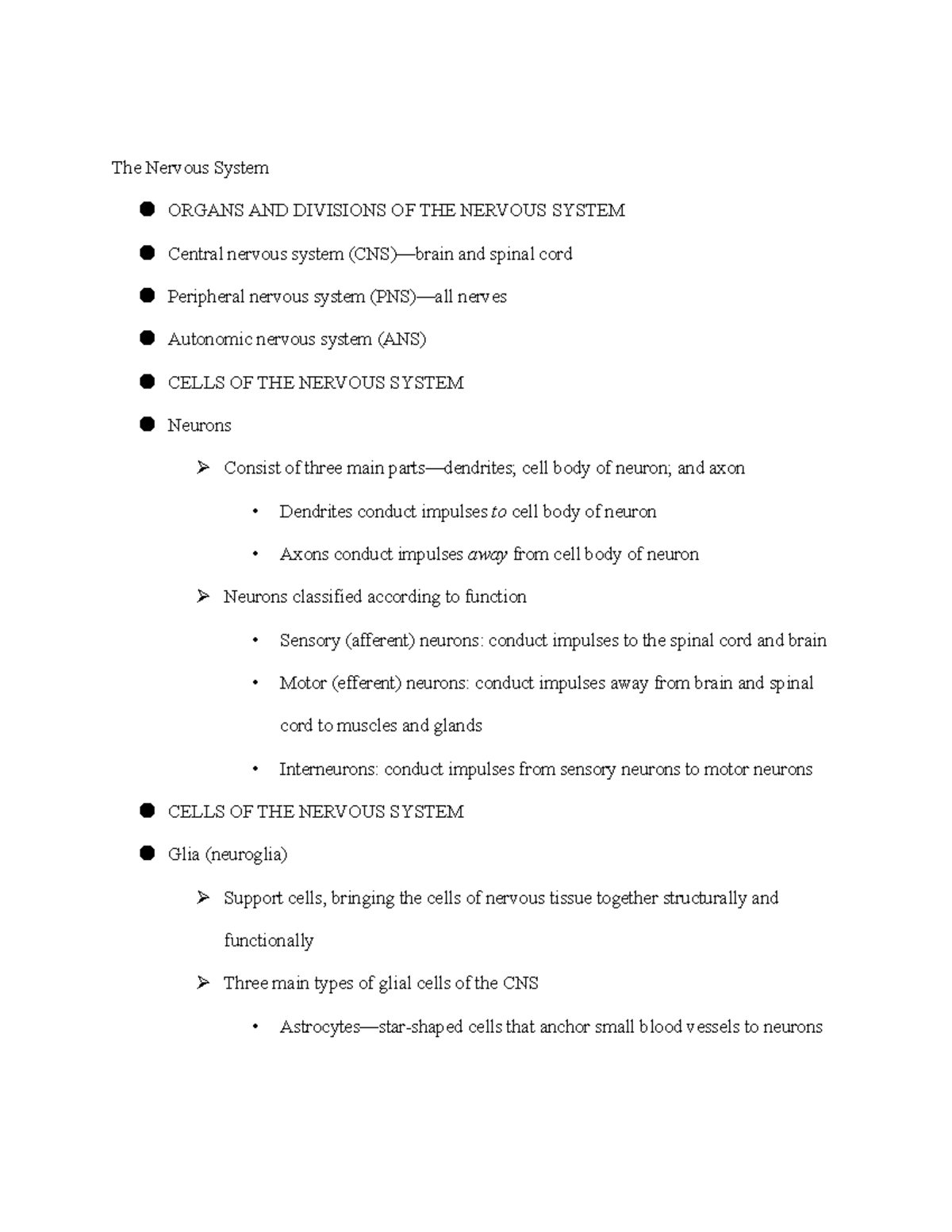 The Nervous System Notes - The Nervous System ORGANS AND DIVISIONS OF ...