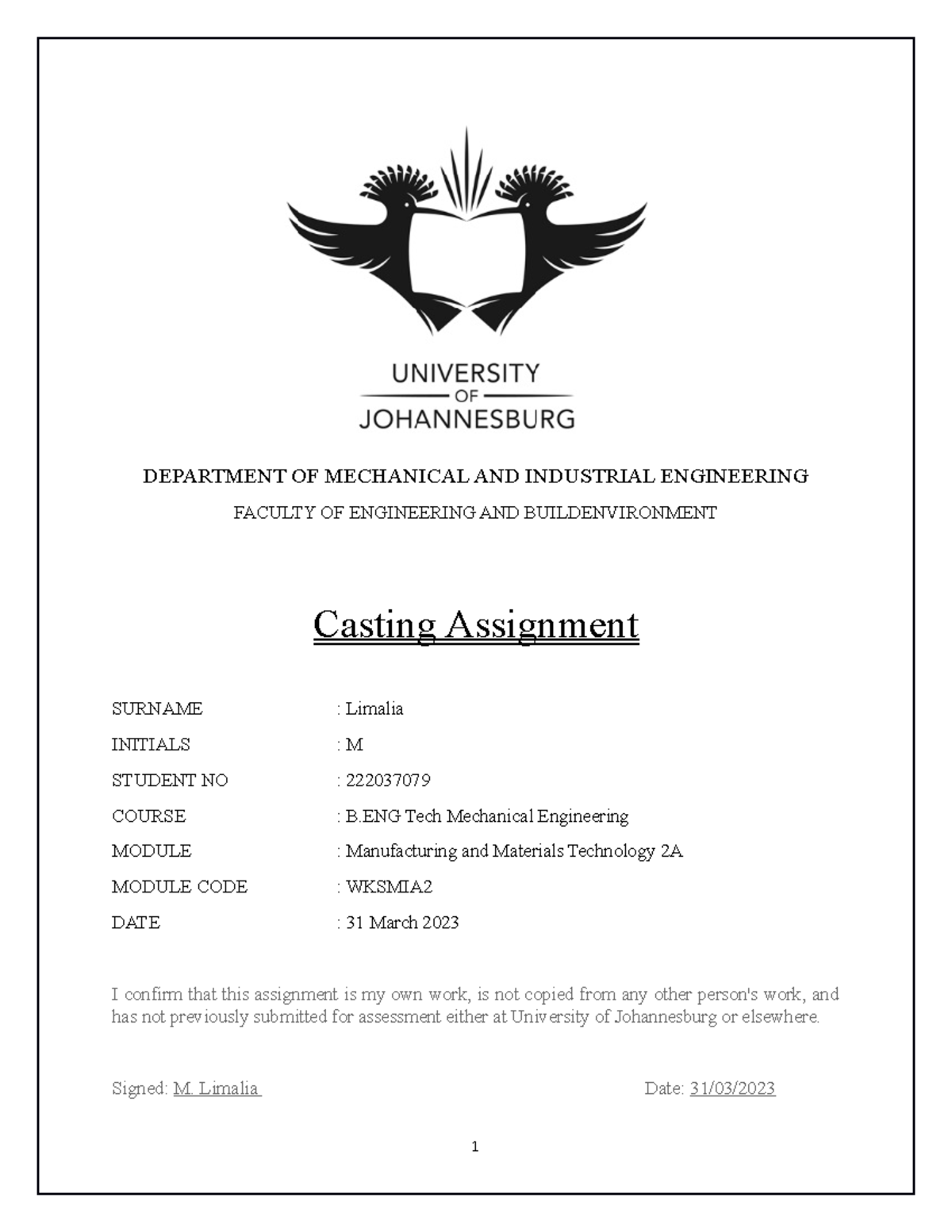 Casting Assignment M.Limalia (222037079) - DEPARTMENT OF MECHANICAL AND INDUSTRIAL ENGINEERING ...